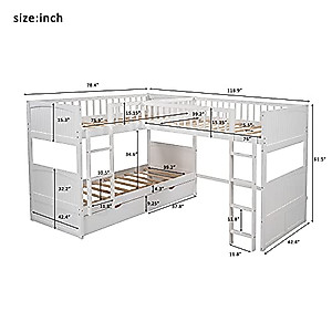 Flieks Triple Bed Twin-Over-Twin-Over-Twin Bed L Shaped Bunk Bed with 2 Drawers and 2 Ladders, No Box Spring Needed