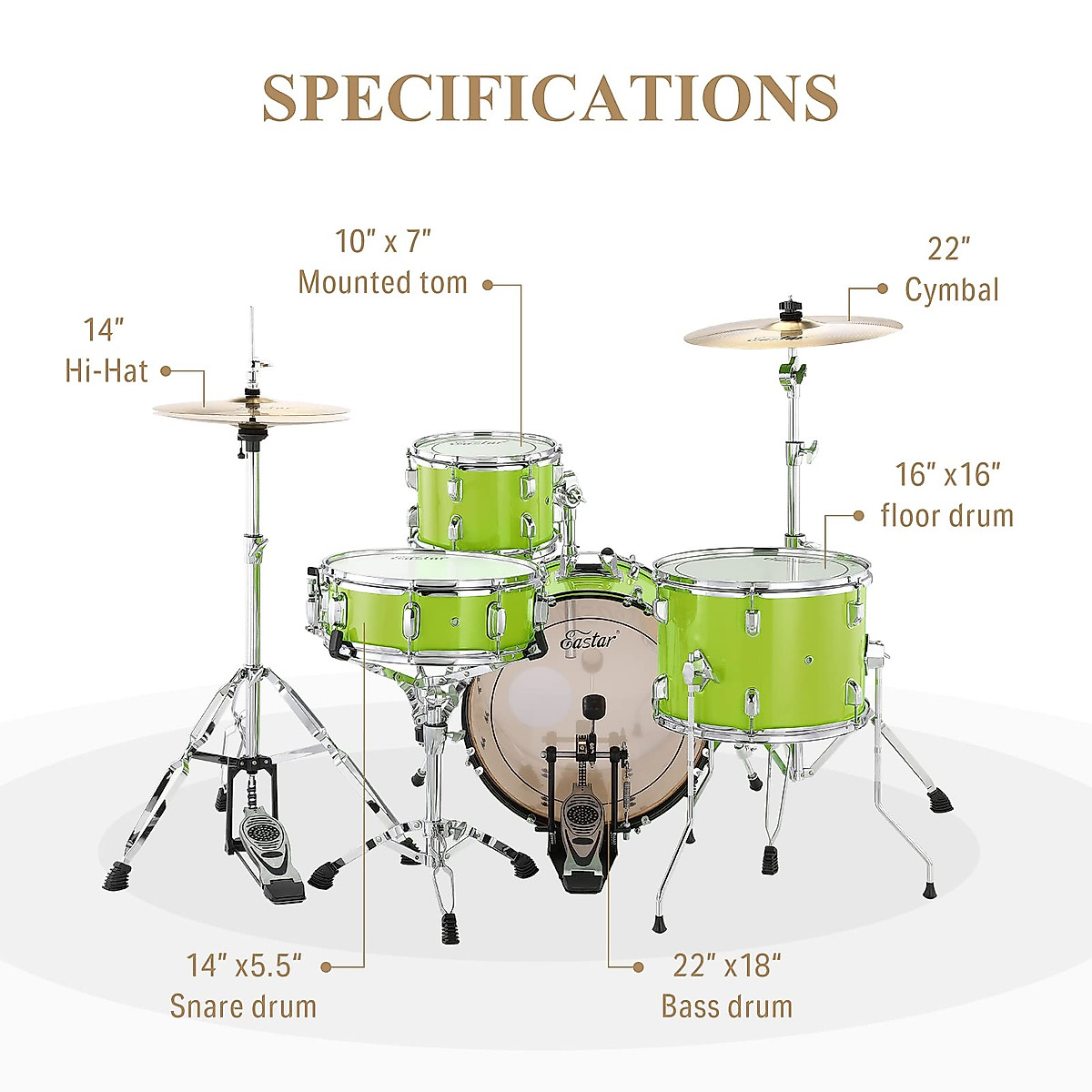 Eastar 4 Drum 2 Cymbal Drum Set for Adults, 18'' Complete Drum Kit for Intermediate Drum Play, Green (EDS-540GN)
