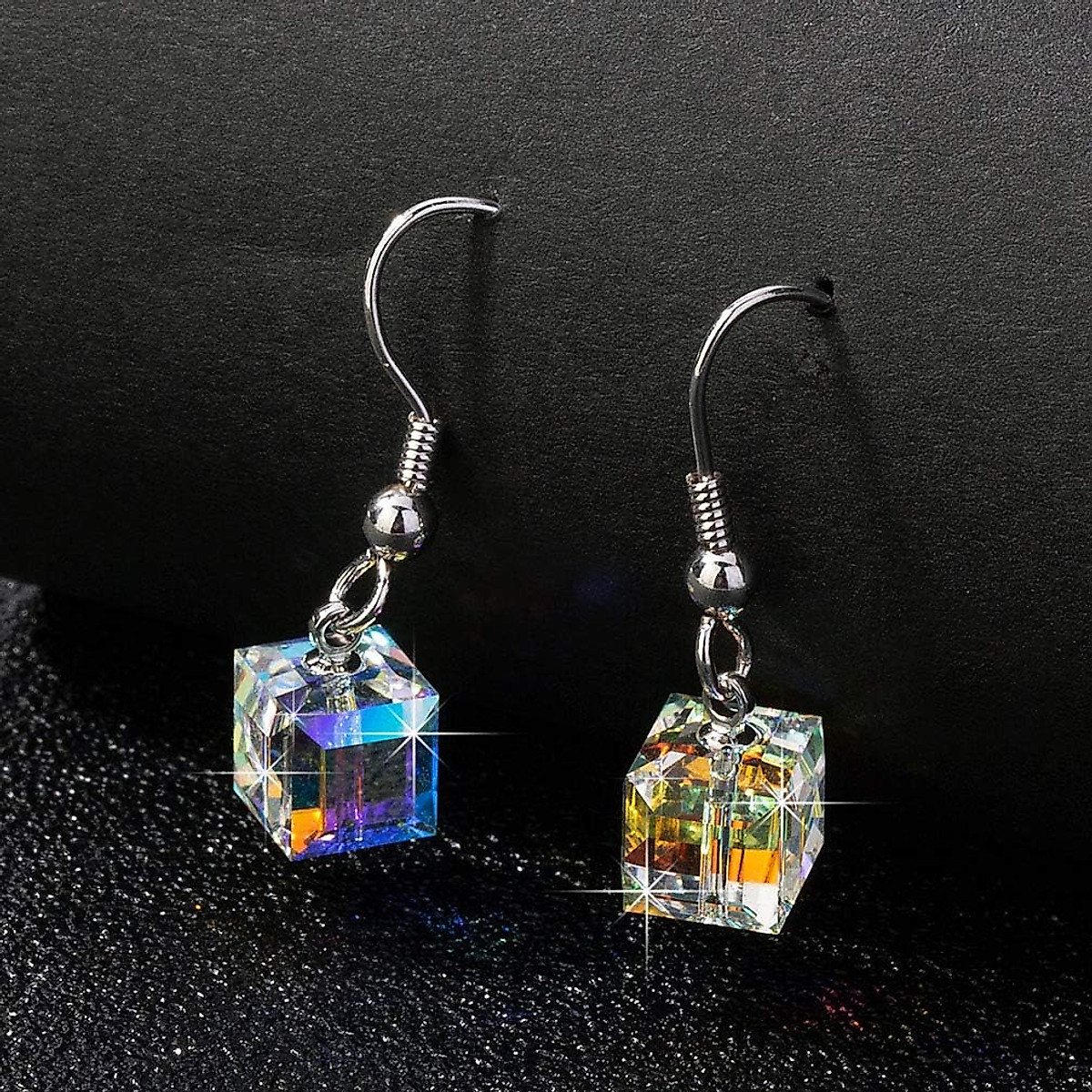 Austrian Crystal Cube Drop Dangle Earrings for Women Fashion 14K Gold Plated Hypoallergenic Jewelry (Aurora Borealis)