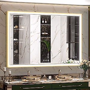 TokeShimi 55 x 36 Inch Gold Large Bathroom Mirror LED Vanity Mirror with 45° Angled Beveled Light, 3 Colors, Anti-Fog,Aluminum Alloy Matte Frame, Memory Funtion Stepless Dimmable for Modern Decor