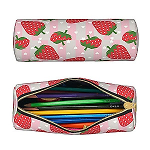 DCARSETCV Pink Strawberry Pencil Case Cute Pen Case Cylinder Leather Pencil Pouch Office Pencil Box Bag Gifts For Adults Teen School Girls Boys