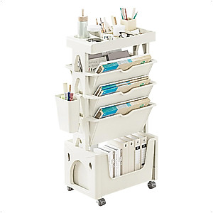 5 Tier Book Rack Storage Bookshelf, Removable Movable Unique Bookcase, Mobile Bookshelf with Wheels Utility Organizer Bookshelves for Kids Children Students Study in Bedroom Living Room School (White)