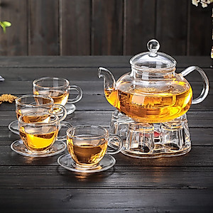Adorable Full Glass Kettle Teapot Set with Removable Infuser Strainer and 4 Cups and Saucers and Heart Shaped Candle Holder Warmer Heating Base for Tea Blooming Loose Leaf Home Women Gift