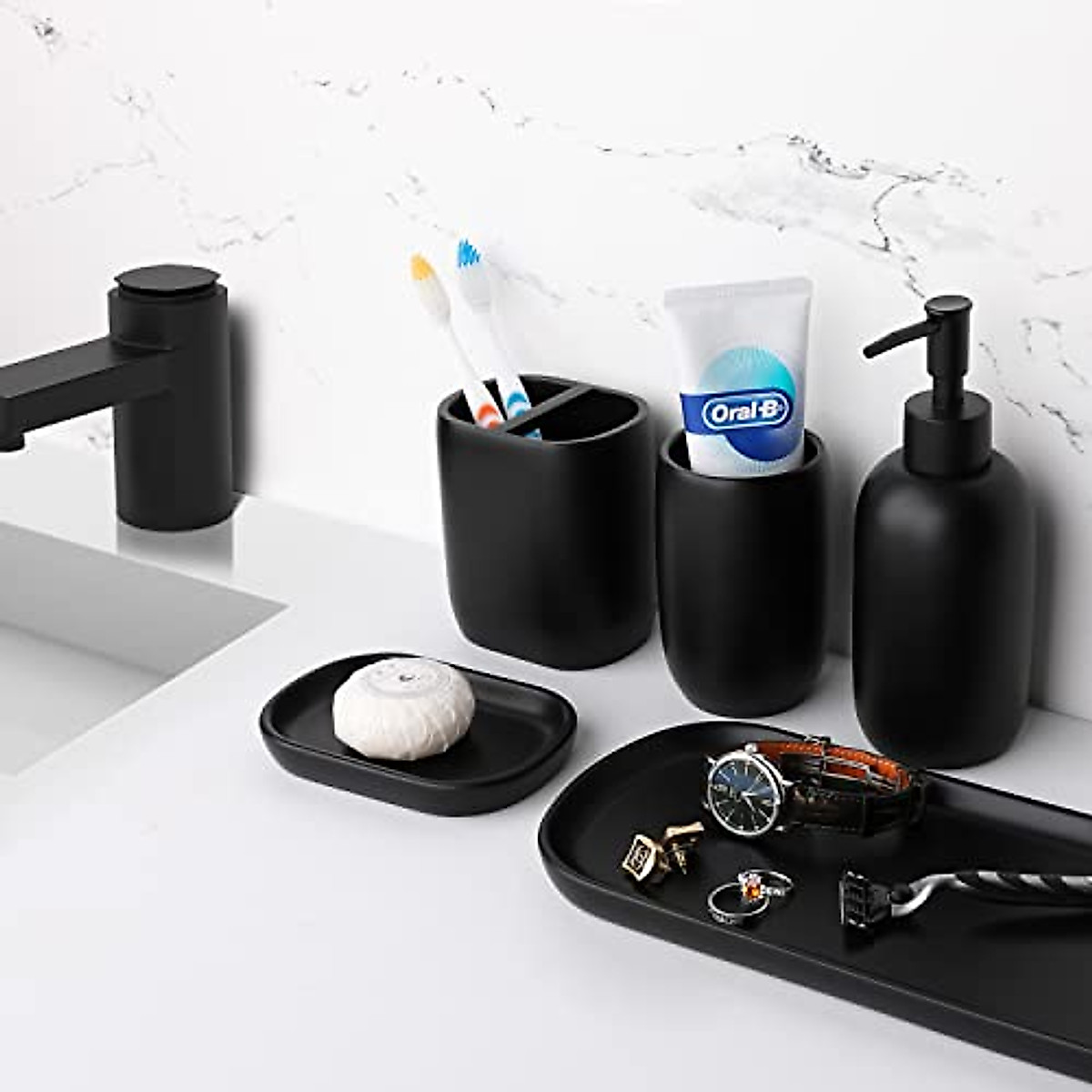 Bathroom Accessories Set, FoverOne 5-Piece Resin Vanity Counter Accessories Set Complete with Toothbrush & Toothpaste Holder, Tumbler, Vanity Tray, Lotion Dispenser, and Soap Dish - Matte Black