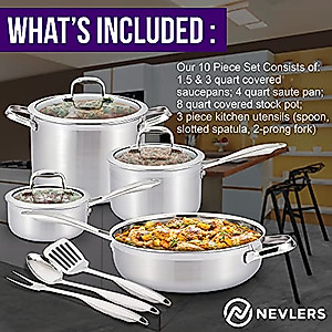 Nevlers 10 Piece Multi-Clad Tri-Ply 18/8 Stainless Steel Cookware Set - Pots and Pans Set - Makes for a Great Cooking Set for Your Kitchen - It is Dishwasher Safe Too!
