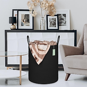 BOSROTY Large Cotton Rope Laundry Basket Hamper for Clothes 65L, Woven Storage Basket for Living Room Bedroom, Tall Rope Baskets, Blanket Basket, Baby Nursery Hamper Bin, 16”x 20”, Black