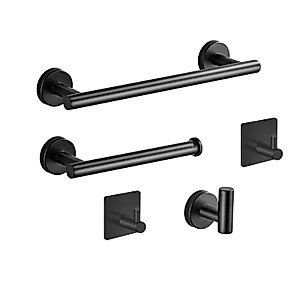 5 PCS Matte Black Bathroom Hardware Set,304 Stainless Steel Towel Rack Set Round Wall Mounted Includes 16" Hand Towel Bar,Toilet Paper Holder,3 Towel Hooks Bathroom Accessories Kit (Black)