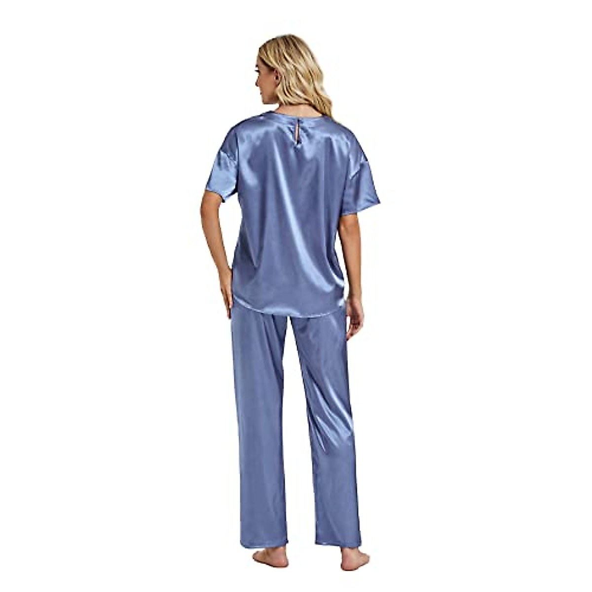 LYANER Women's Satin Silk Pajama Set Short Sleeve T-shirt with Pants Set PJ Loungewear Dark Blue X-Small