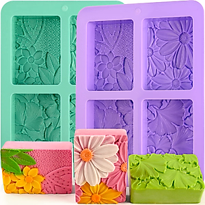 HUAKENER Silicone Soap Molds, 2 Pack 4-Cavity Rectangle Soap Mold, Flower Soap Making Molds