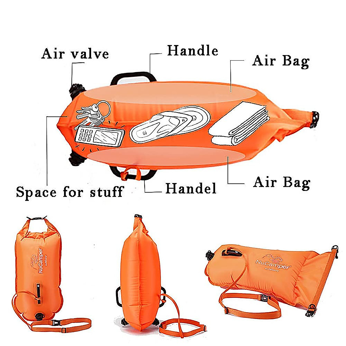 NuCamper Swim Buoy for Open Water Swimmers with Adjustable Waist Belt, Waterproof Dry Bag, Swim Bubble for Safty Swimming, Training Snorkeling, Kayaking, Diving, Boating, Large Capacity 28L