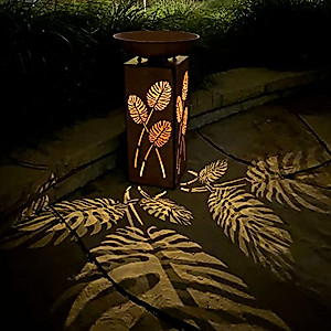 Westcharm Rustic LED Pillar Garden Statue with Planter Dish Bowl and Automatic Timer - Decorative Column Outdoor Statue with Leaves Motif for Home Yard Patio Outdoors Garden Decoration