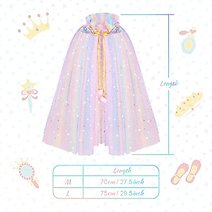 AOOWU Princess Cape for Girls, Colorful Princess Cloak with Crown, Princess Fancy Dress Up Sparkling Sequins Tulle Princess Cape Set for Birthday Party Cosplay (Rainbow, M)
