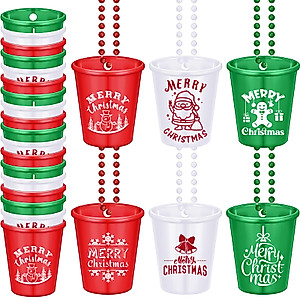 12 Pieces Christmas Shot Glass on Beaded Necklace Xmas Plastic Shot Glasses Shot Glass Necklaces Snowman Snowflake Santa Gingerbread Man Shot Necklace Cups for Christmas Party Supplies, 6 Styles
