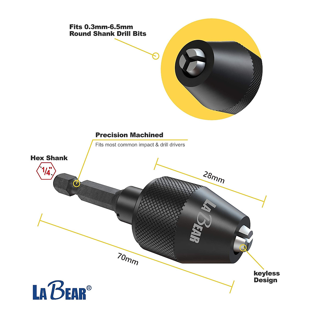 LaBear Drill Chuck Adapter 1/4" Hex Shank to Hold 0.3-6.5mm & LaBear 51-Piece Security Bit Set