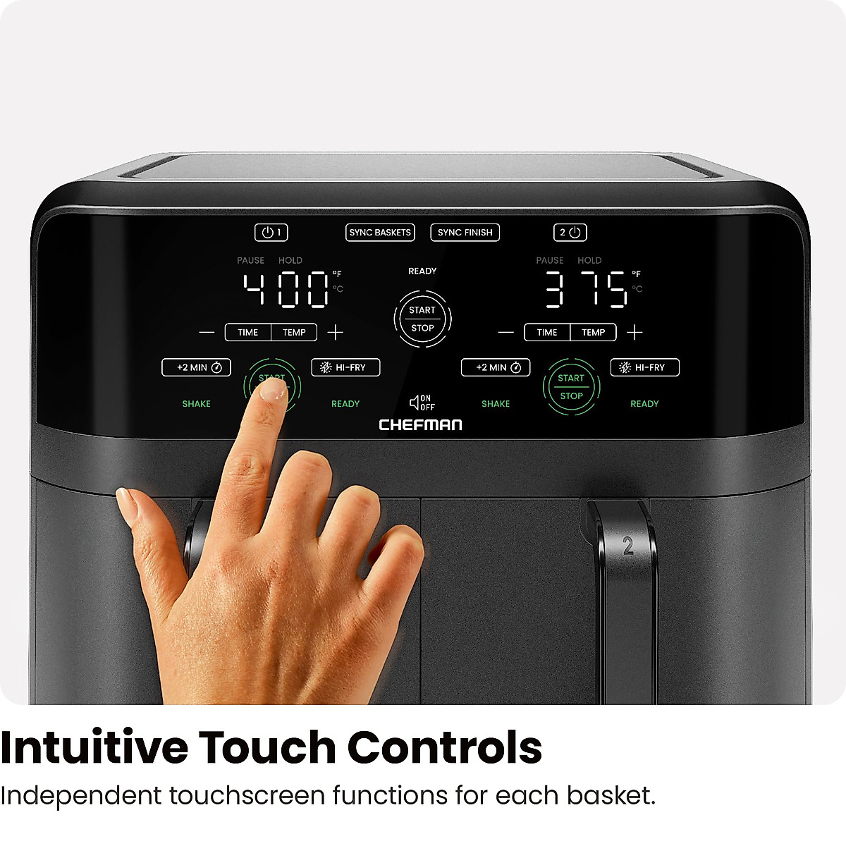 Chefman 6 Quart Dual Basket Air Fryer - Digital Touchscreen, Smart Sync Finish, Hi-Fry, Auto Shutoff, 2 Independent 3QT Nonstick Dishwasher-Safe Frying Baskets - Digital Double Air Fryer - Black