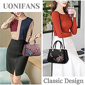 Embroidery Flowers Handbags for Women Ladies Tote Shoulder Bags PU Leather Satchel Top Handle Satchel Purse (Purple B)