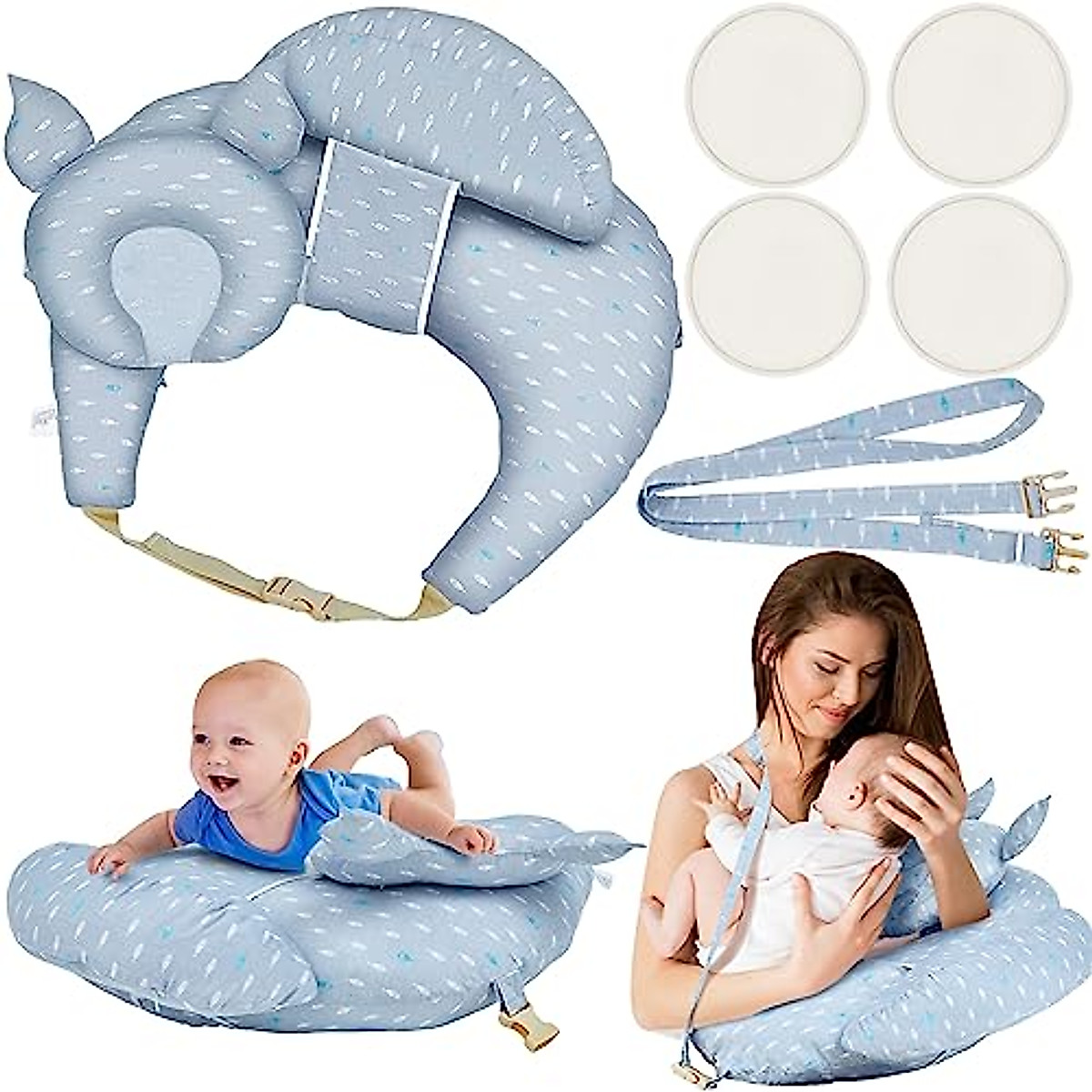 Geelin Nursing Pillow Soft Nursing Pads Set Include Breastfeeding Pillows with Adjustable Waist Strap 4 Pieces Breast Pads Reusable Postpartum Essentials for Baby Breastfeeding, Gray and White