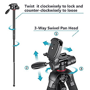 NEEWER Portable Aluminum Alloy Camera 2 in 1 Tripod Monopod Max. 70"/177cm with 3 Way Swivel Pan Head and Carrying Bag for DSLR, DV Video Camcorder (SAB264, Red)