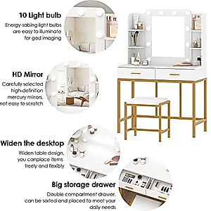 Vabches Makeup Vanity with Lighted Mirror,Vanity Mirror with Lights and Table Set,Vanity Set with 10 LED,Vanity Desk with 3 Lighting Modes and 2 Drawers&Cushioned Stool for Bedroom.