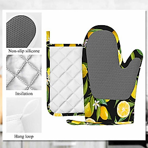 Mxocom Lemon Fruits Silicone Oven Mitts and Pot Holders Sets Flowers Leaves Lemons BBQ Gloves for Kitchen,Cooking,Baking,Grilling