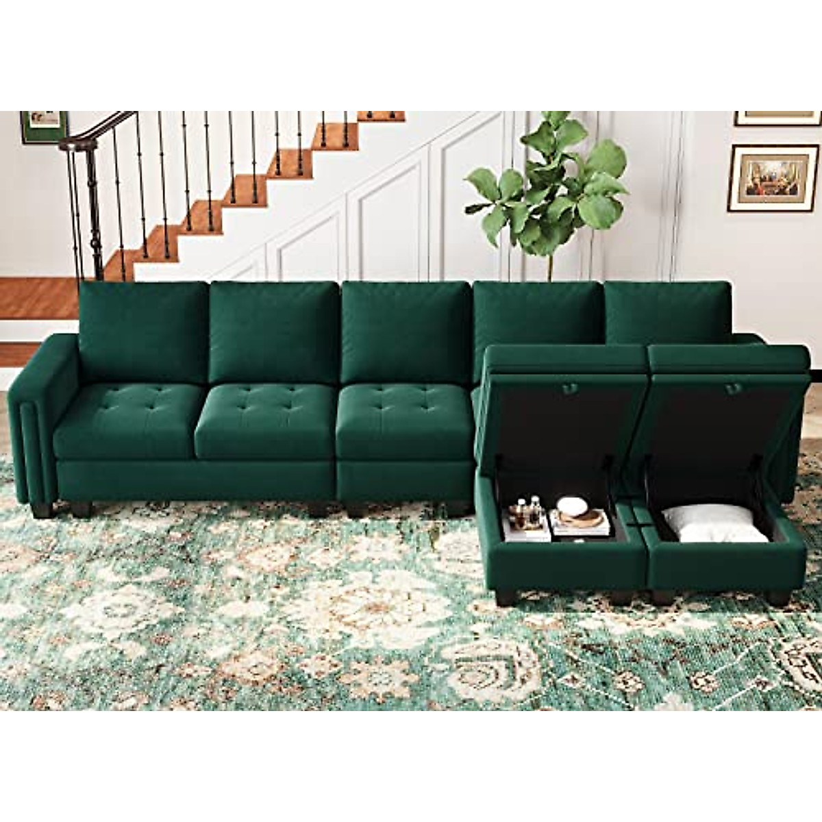 Belffin Large Velvet L Shaped Sectional Sofa Couch with Reversible Double Chaises Modular Sectional Sofa Couch with Storage Ottomans Convertible Sectional Sofa Green