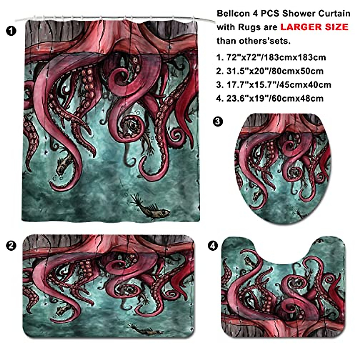 4Pcs Pink Ocean Bathroom Sets with Shower Curtains and Rugs Fish and Marine Animals Shower Curtains Sets with Bath Mat and Toilet Seat Cover Funny Bathroom Sets and Accessories
