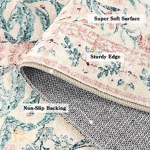 Lahome Pink Boho Rugs for Living Room 5x7, Washable Area Rugs for Bedroom Girls Non Slip, Soft Floral Low-Pile Nursery Carpet for Dining Room Kids Room Indoor, Pink/Multi