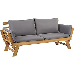 PayLessHere Outdoor Couch Patio Couch Daybed with Adjustable Armrest, Wooden Loveseat with Cushion and Pillow, and Expandable Plate