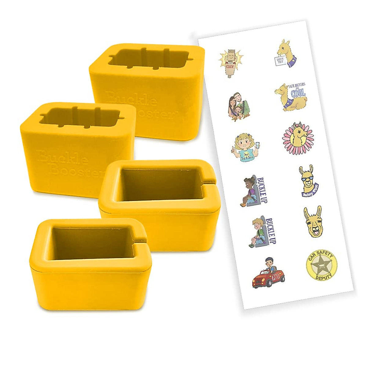 BPA-Free Car Seat Belt Buckle Booster Yellow - Two Styles - Keeps Your Receptacle Stable & Upright – Free Sticker Gift (4-Pack, Combo Pack (2 Tall + 2 Short))