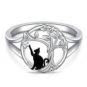 Black Cat Rings for Women Cat Ring Tree of Life Ring Cats Remembrance Black Cats Sterling Silver Family Animal Lovers Jewelry Size 8