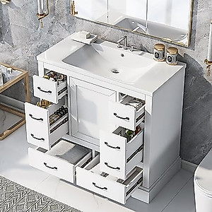 Merax 36" Bathroom Vanities Sink Set, Ceramic Undermount Top, Freestanding Cabinet with Door and Multi-Functional Drawers, Storage Divider, White
