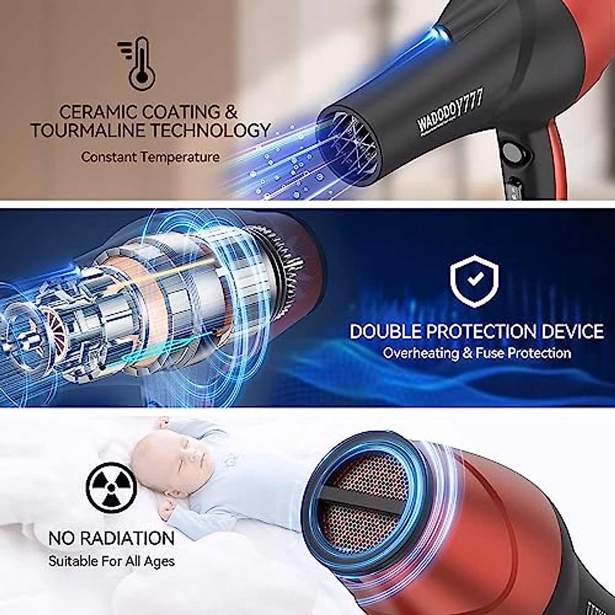 WADODO Hair Dryer, 2200W Professional Ionic Blow Dryer with Blue Ray Hair Care, Powerful Salon Fast Drying Constant Temperature Low Noise AC Motor Curly Hairdryer Blowdryer for Women Men(Black & Red)