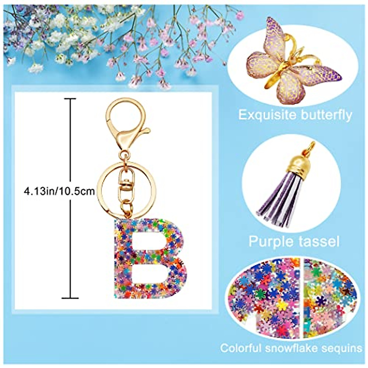 TTYY Initial Letter Keychain for Women Gift for Young Teenage Girl Gifts for Christmas to Mom Daughter Purple tassel (purple snow LetterB)