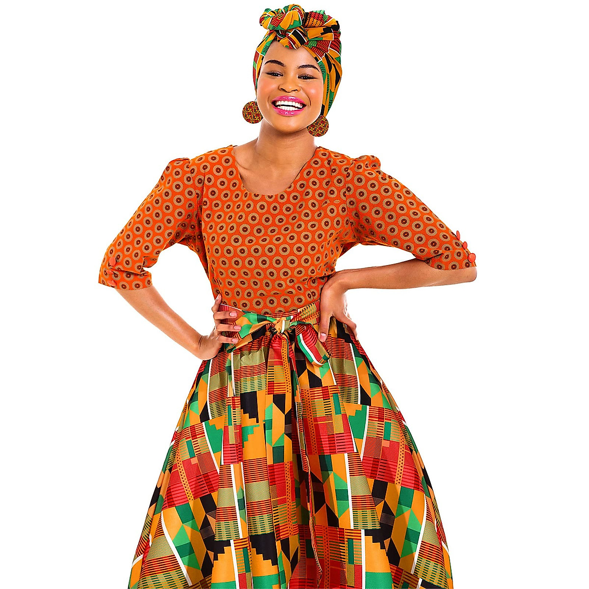 Coume 3 Pcs Women African Dashiki Skirt Traditional Costume African Bohemian Head Wrap Scarf Drop Dangle Earring (XX-Large)