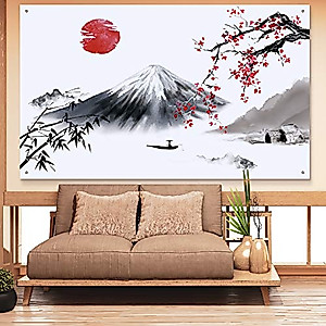 Japanese Wall Hanging Photo Banner Asian Mount Fuji Red Sun Backdrop Japanese Landscape Nature Background for Japanese Party Wall Home Decorations, 72.8 x 43.3 Inch