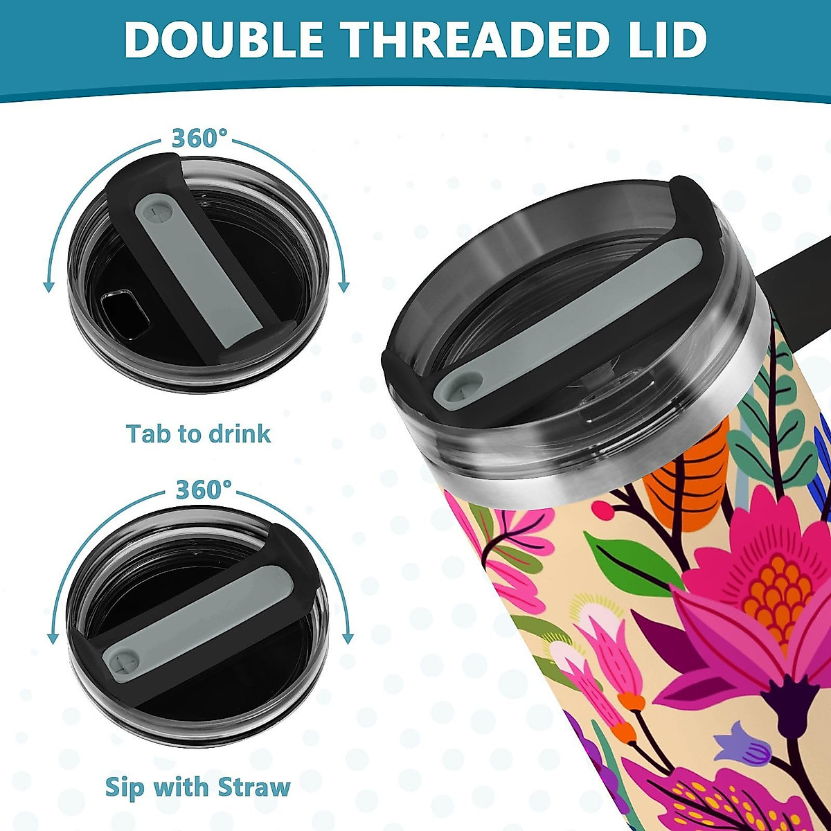 Yasala Car Tumbler with Handle Rainbow Flower Cartoon Flora Travel Mug Coffee Cup Insulated Beverage Container Mega Cup for Hot Cold Drinking Thermos Water Bottle Cupholder Friendly 40 oz