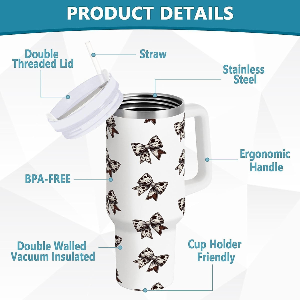 Jihqo Cow Print Bows 40 oz Stainless Steel Vacuum Insulated Tumbler with Handle and Straw Lid, Leakproof Water Bottle Double Wall Travel Mug Coffee Cup, Cupholder Friendly