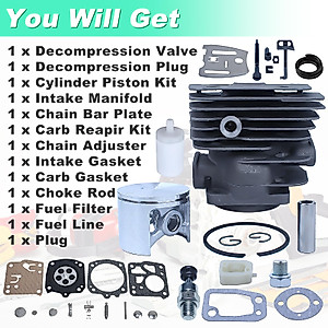 Adefol 54mm Cylinder Piston Carb 30pcs Kit for Husqvarna 288XP 181 281 288 Chainsaw with Intake Manifold Decompression Valve Choke Rod Chain Bar Plate Replacement Parts for 503506301 503 90 74-71