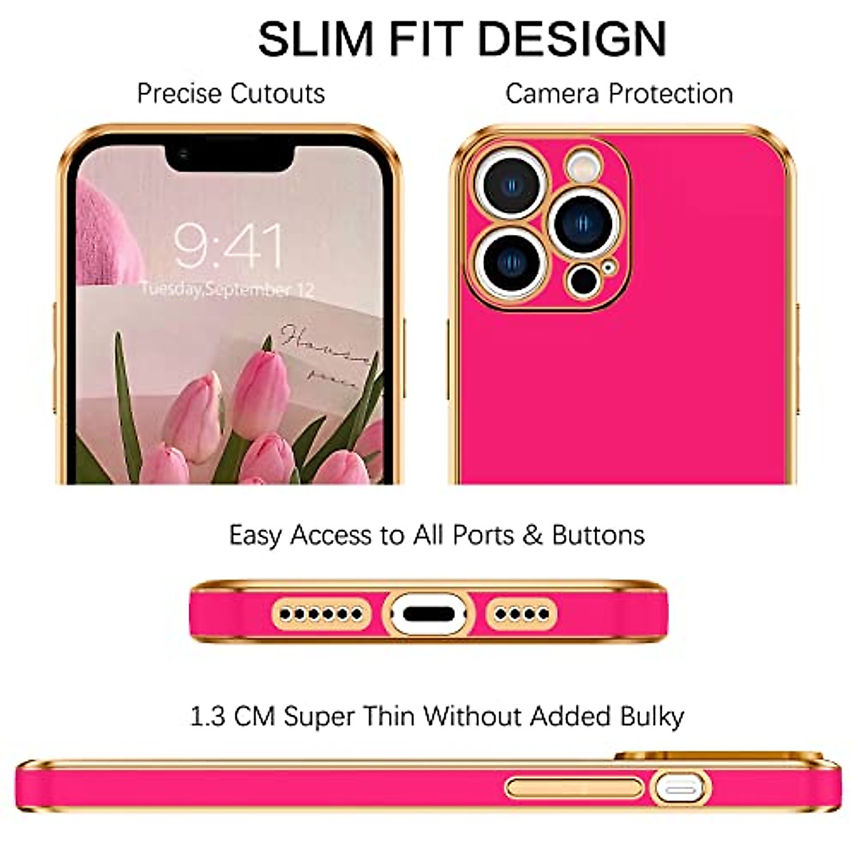 BENTOBEN for iPhone 13 Pro Max Case, Slim Soft Luxury Electroplated Bumper iPhone 13 Pro Max Phone Case for Women Men Girl Shockproof Protective Case Cover for iPhone 13 Pro Max 6.7", Hot Pink/Gold