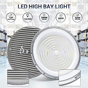 XYCN 4 Pack 500W UFO Led High Bay Light,100-277v,5000K Daylight Commercial Bay Lighting,IP66 Waterproof,71050LM,2150W MH/HPS With Plug Area Lighting For Warehouse/Shop/Workshop/Garage/Barn/Gym/Factory