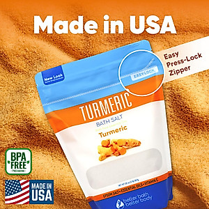Turmeric Bath Salt 32 Oz Epsom Salt with Essential Oils Turmeric, Cinnamon, Orange Plus Vitamin C in BPA-Free Pouch with Easy Press-Lock Zipper | Natural Bath Soak to Relieve & Soothe | Made in USA