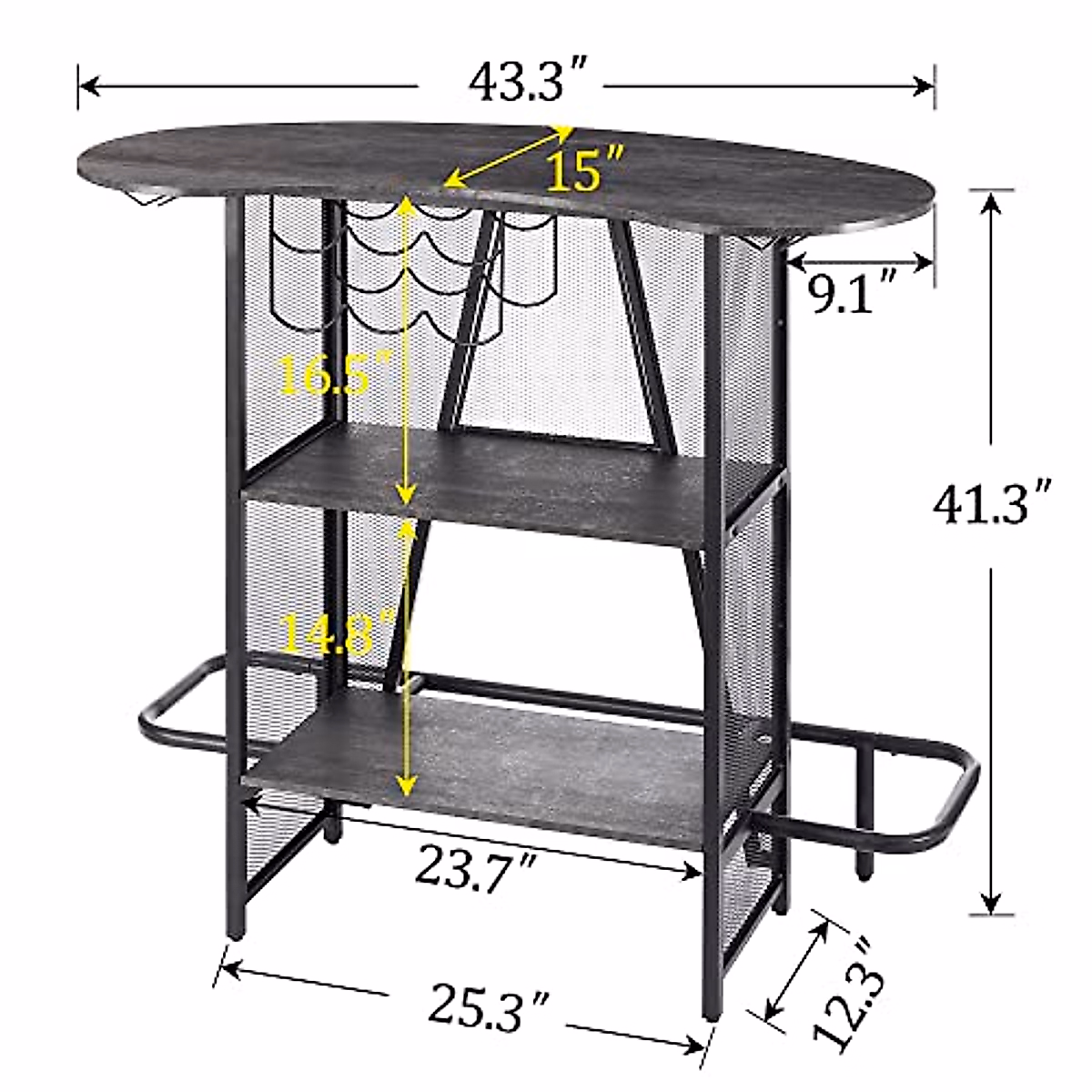 VECELO Bar Unit with Metal Mesh Front, 3-Tier Wine Rack Table with Glasses Holder, Home Liquor Cabinet with Storage and Footrest for Living Room, Kitchen, Cement Grey