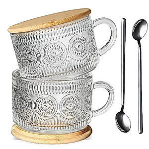 GMISUN Vintage Coffee Mugs, 14oz Glass Coffee Mug Set with Bamboo Lids, Large Clear Coffee Mug with Spoons, Big Coffee Cup Set with Handle, Clear Coffee Cups for Coffee, Iced Coffee (2 Pack)