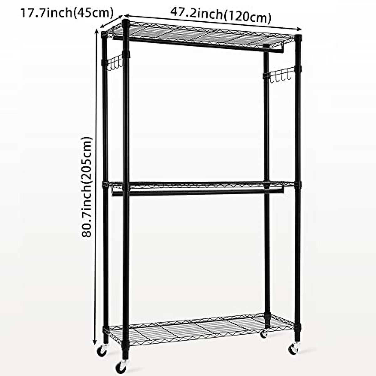 SIMFLAG Clothing Rack, 3 Tiers Garment Rack with Shelves, Rolling Garment Rack, Clothing Racks for Hanging Clothes, Lockable Wheels and Side Hooks, Max Load 460 lbs
