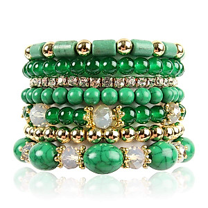 RIAH FASHION Multi Layer Bead Bracelet - Colorful Stacking Beaded Strand Stretch Cuff Statement Bangles Set (Vintage Marbled 7 Set - Green)