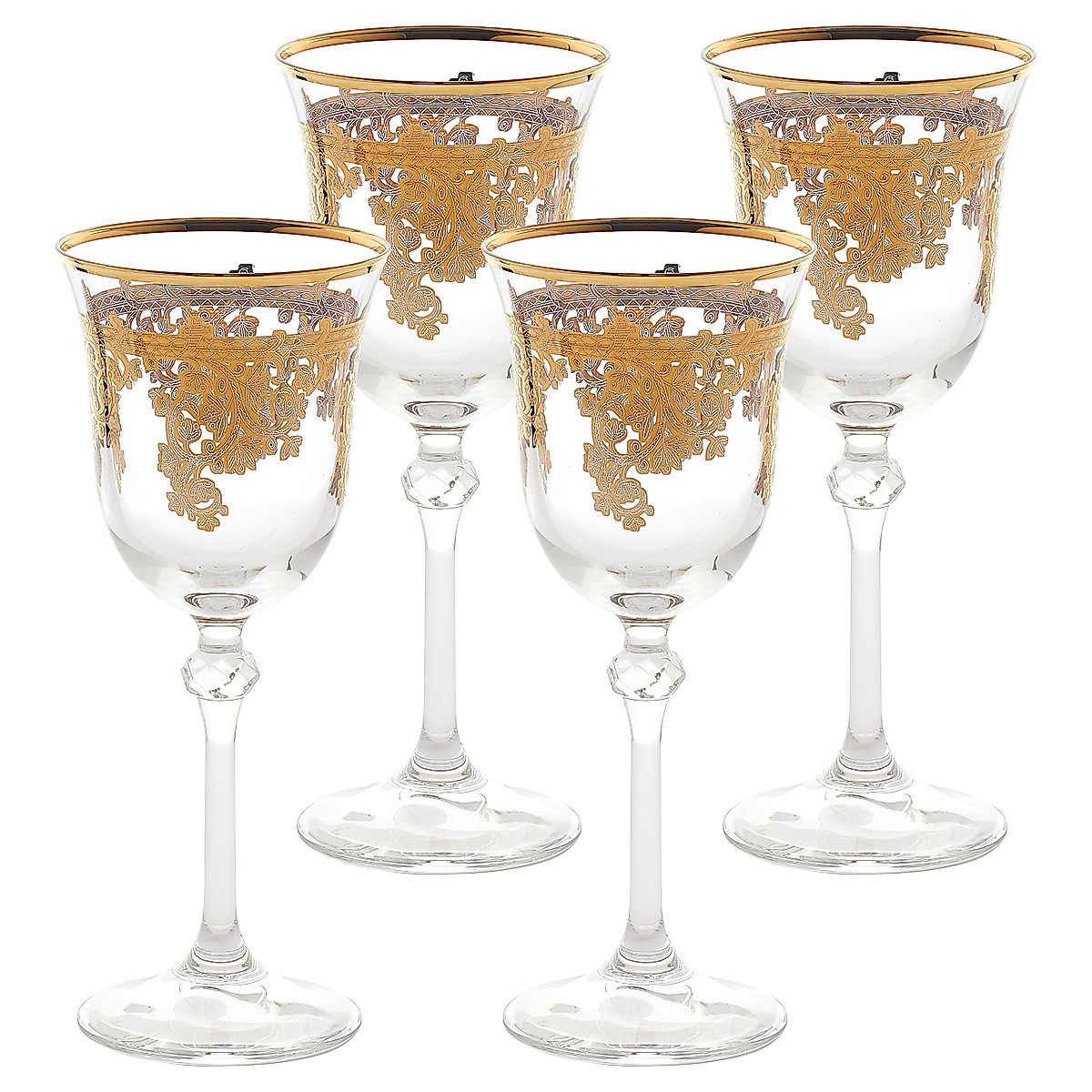 Lorren Home Trends Royal Set of 4 Embellished 24K Gold Crystal White Wine Goblets-Made in Italy, One Size, Clear
