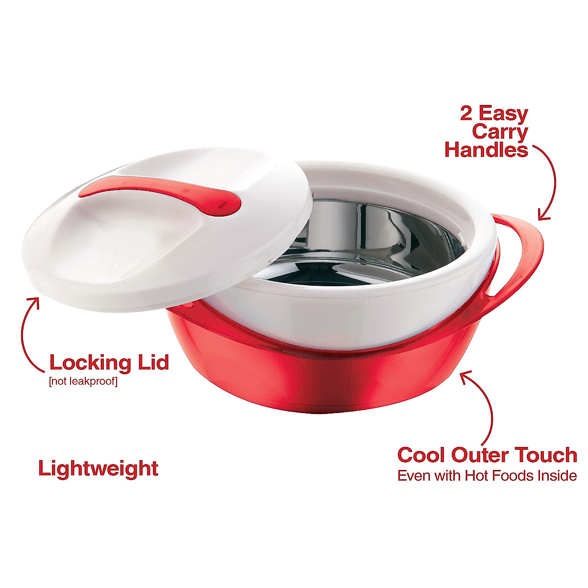 Pinnacle Large Insulated Casserole Dish with Lid 3.6 qt. Elegant Hot Pot Food Warmer/Cooler -Thermal Soup/Salad Serving Bowl Stainless Steel Hot Food Container–Best Gift Set for Moms –Holidays Red