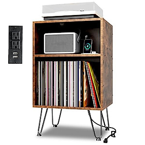 TC-HOMENY Record Player Stand with Charging Station & USB Ports, Turntable Stand Holds Up to 160 Albums, Vinyl Record Storage Stand with Metal Legs for Living Room, Bedroom, Office