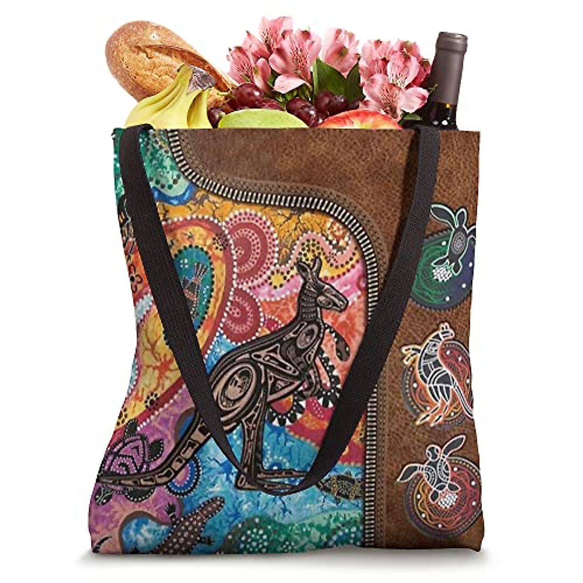 Kangaroo Aboriginal Australian-Leather-Zipper Art Tote Bag