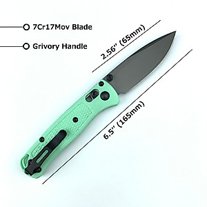 6.5 Inch Manual Open 533 Bugout Pocket Knife, Axis Lock Folding Knife with 2.6 Inch 7Cr17Mov Blade Green Grivory Handle, Folding Pocket Knife with Belt Clip for Camping Hunting